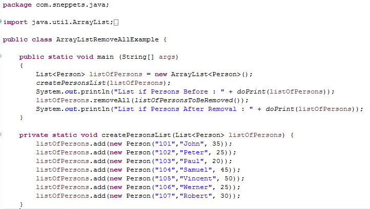 Java ArrayList RemoveAll Method Not Removing Elements Sneppets