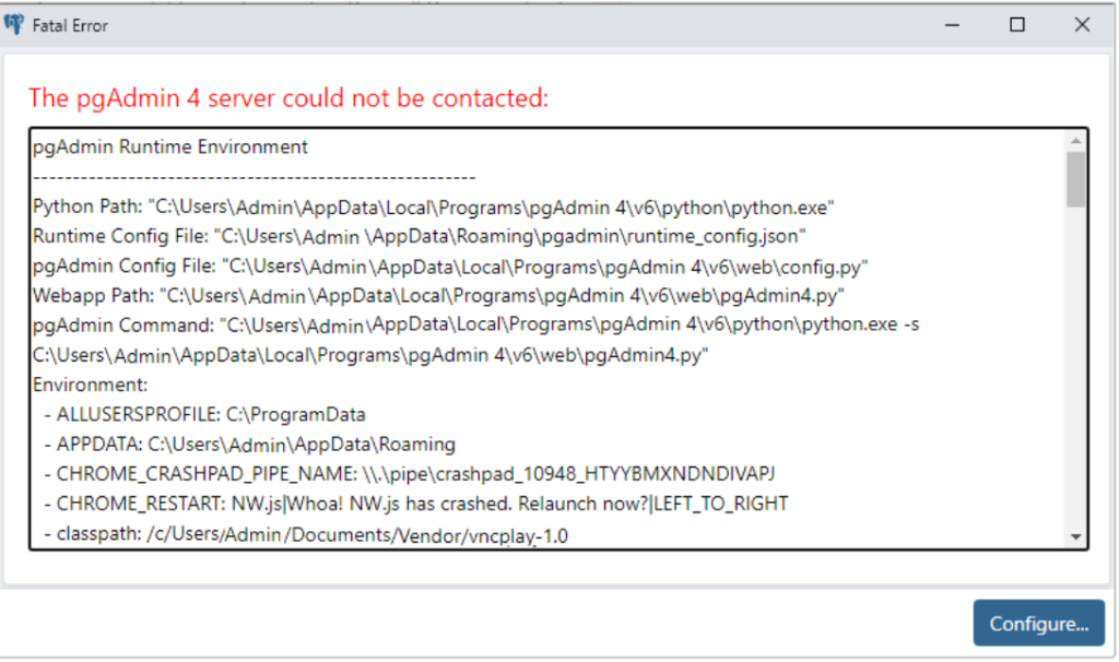 The pgAdmin 4 PostgreSQL server could not be contacted - sneppets The pgAdmin 4 PostgreSQL server could not be contacted - sneppets